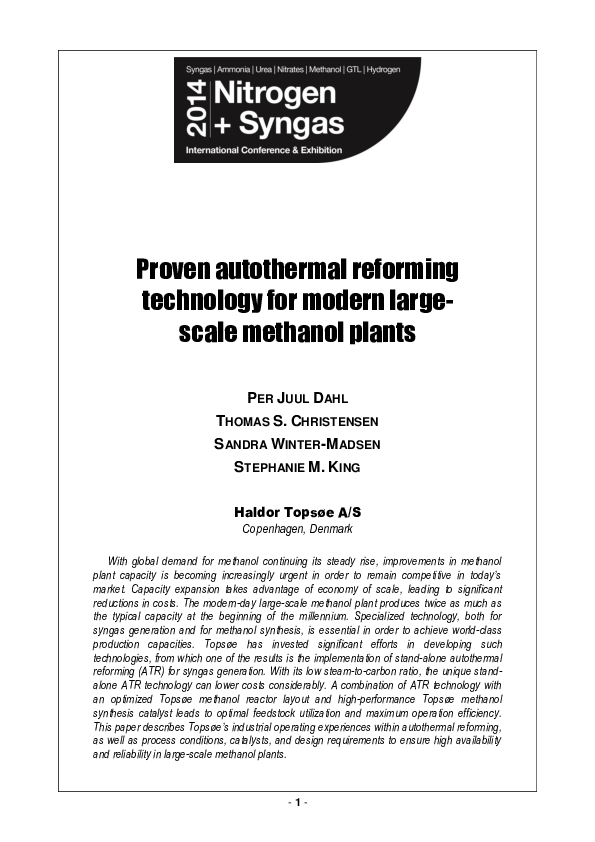 Pdf Proven Autothermal Reforming Technology For Modern Large Scale Methanol Plants