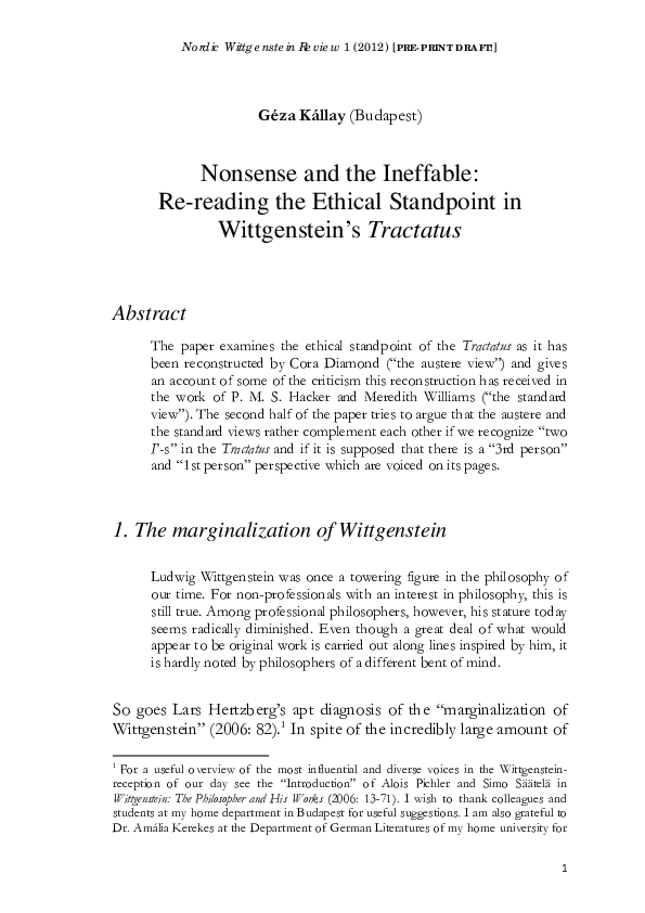 (PDF) Nonsense and the Ineffable: Re-reading the Ethical Standpoint in ...