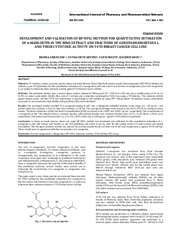 Pdf Development And Validation Of Rp Hplc Method For Quantitative Estimation Of Mangostin In