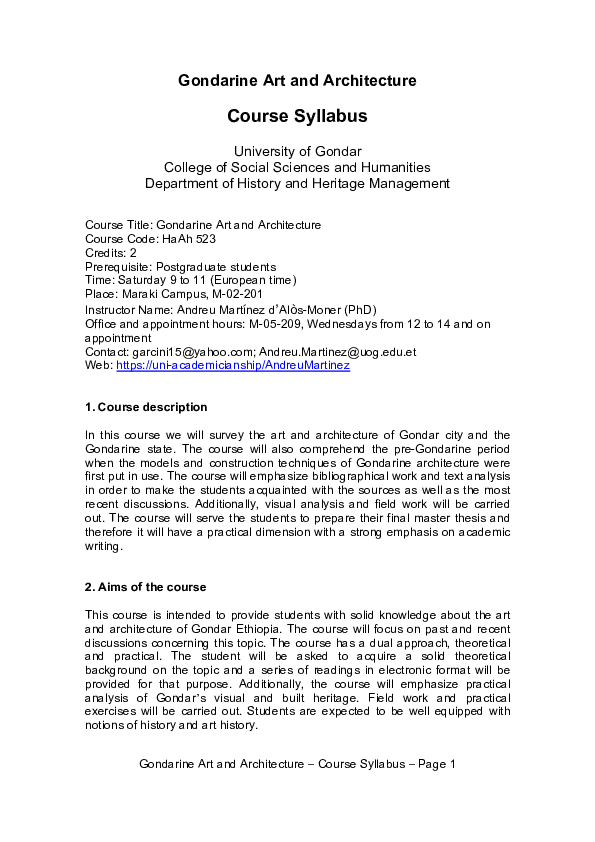 (PDF) Gondarine Art and Architecture (HaAh 523) - Course Syllabus