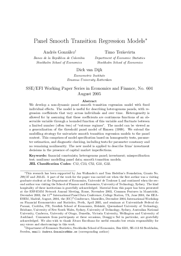 (PDF) Panel Smooth Transition Regression Models