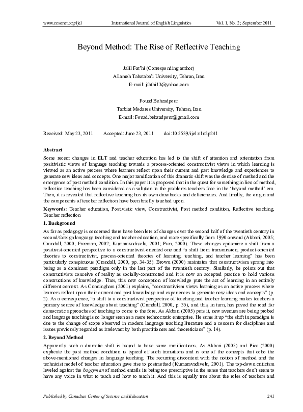 (PDF) Beyond Method: The Rise of Reflective Teaching Jalil Fat'hi (Corresponding author