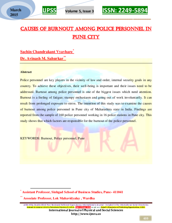 (PDF) Causes of Burnout Among Police Personnel In Pune City