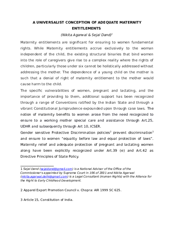(DOC) Towards a Universalist Conceptualisation of Maternity Entitlements