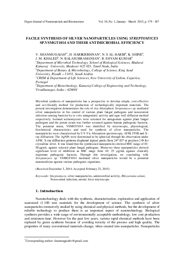 (PDF) FACILE SYNTHESIS OF SILVER NANOPARTICLES USING STREPTOMYCES SP.VSMGT1014 AND THEIR ...