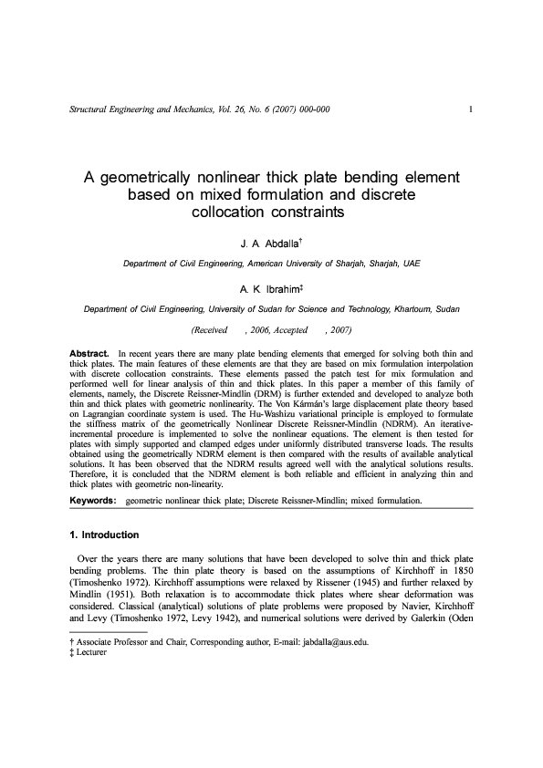 (PDF) A geometrically nonlinear thick plate bending element based on mixed formulation and ...