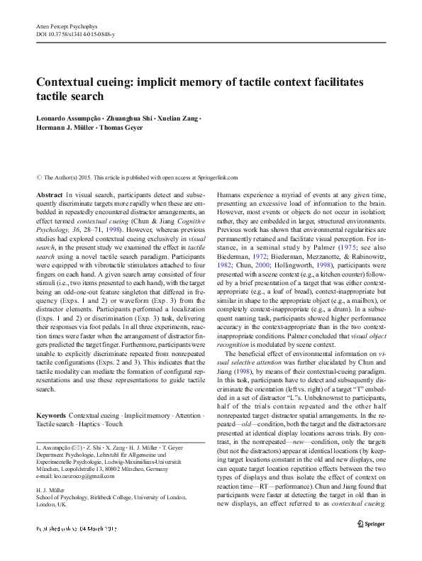 Pdf Contextual Cueing Implicit Memory Of Tactile Context Facilitates