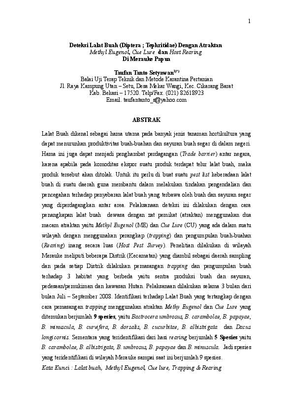 (DOC) Deteksi Lalat Buah (Diptera ; Tephritidae) Dengan Atraktan Methyl ...