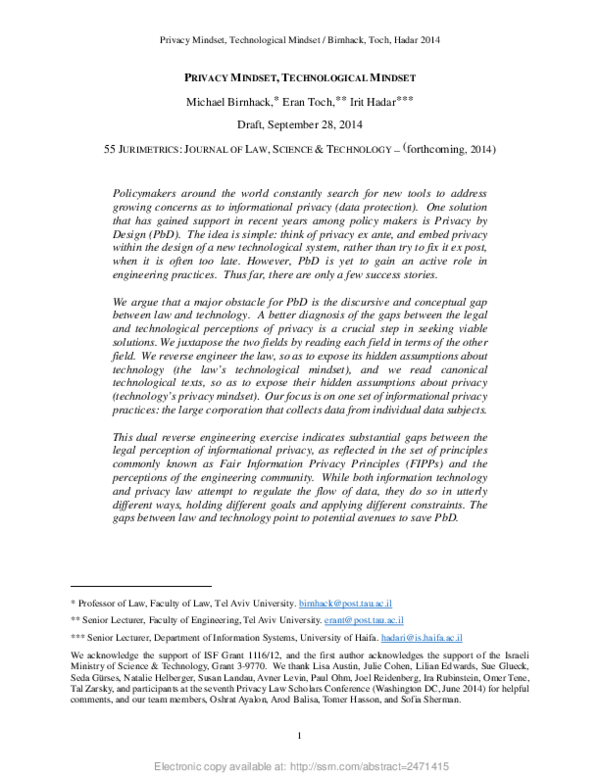 (PDF) PRIVACY MINDSET, TECHNOLOGICAL MINDSET