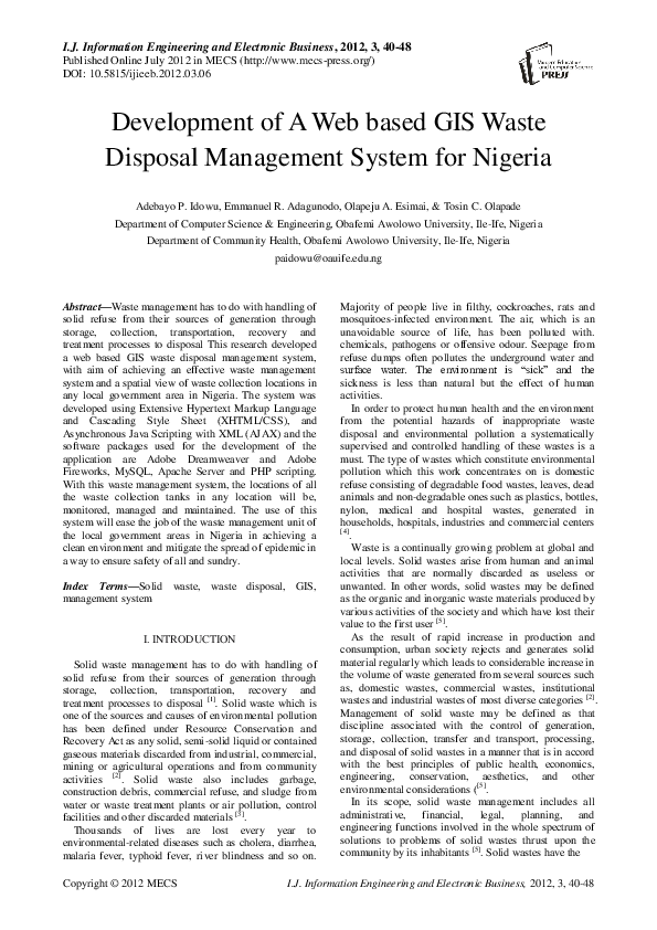 (PDF) Development of A Web based GIS Waste Disposal Management System for Nigeria
