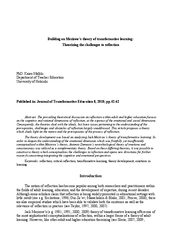 (PDF) Building on Mezirow's Theory of Transformative Learning ...