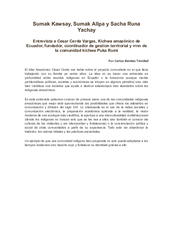 (DOC) Sumak Kawsay, Sumak Allpa y Sacha Runa Yachay