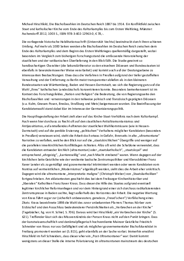 (PDF) Michael Hirschfeld, Die Bischofswahlen im Deutschen Reich 1887 ...
