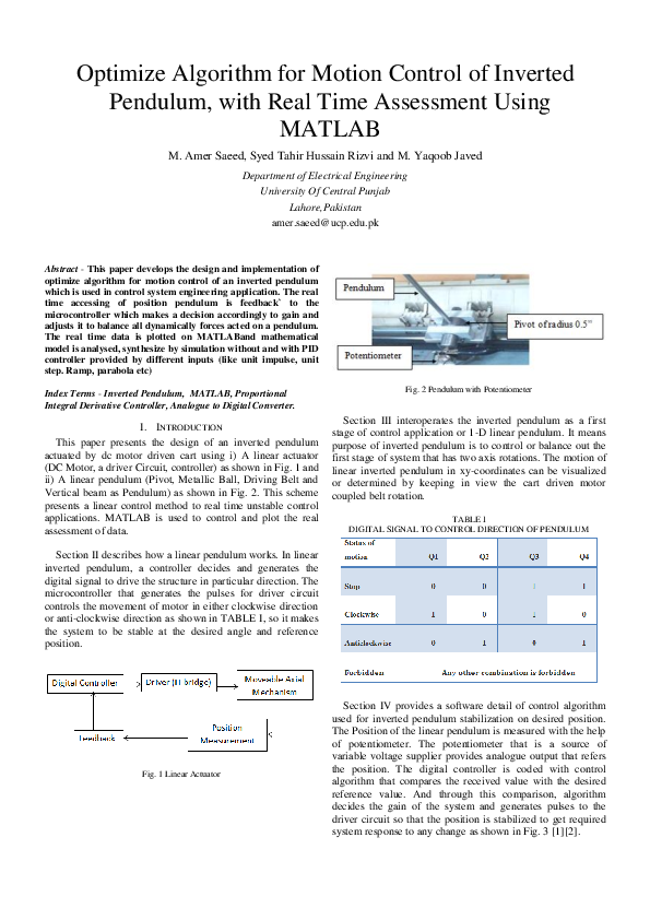 (PDF) Optimize Algorithm for Motion Control of Inverted Pendulum, with Real Time Assessment ...