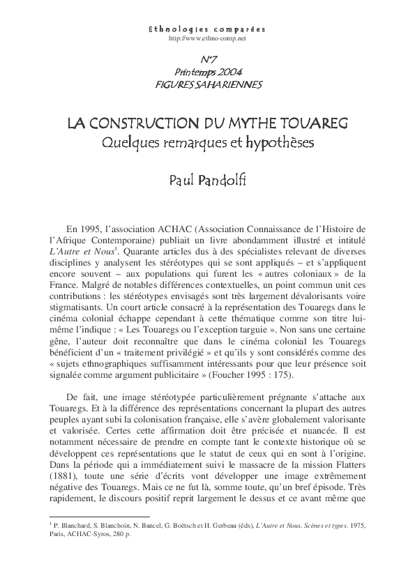 (PDF) La construction du mythe touareg. Quelques remarques et hypothèses.