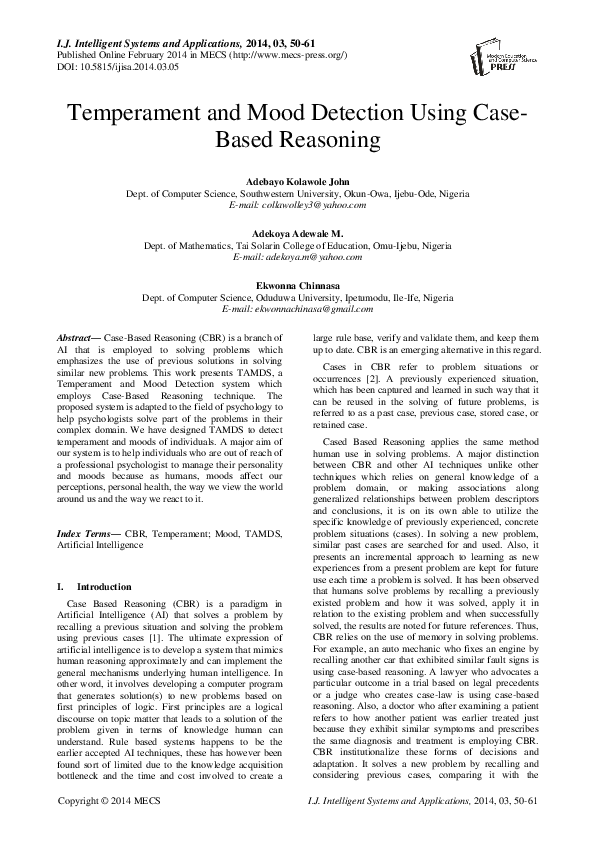 (PDF) Temperament and Mood Detection Using CaseBased Reasoning