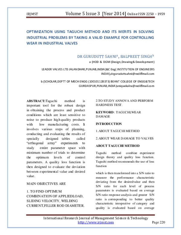 Pdf Optimization Using Taguchi Method And Its Merits In Solving