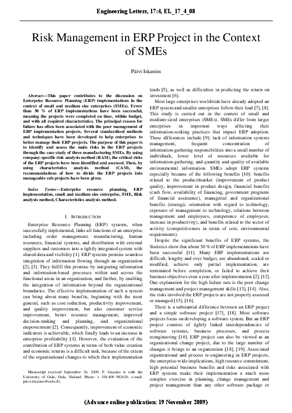 (PDF) Risk Management in ERP Project in the Context of SMEs