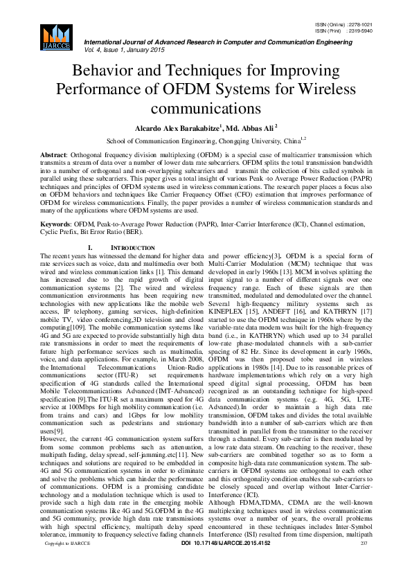 Pdf Behavior And Techniques For Improving Performance Of Ofdm Systems For Wireless Communications