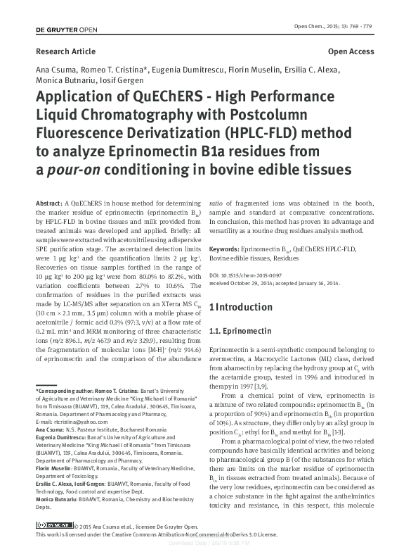 (PDF) Application of QuEChERS - High Performance Liquid Chromatography with Postcolumn ...