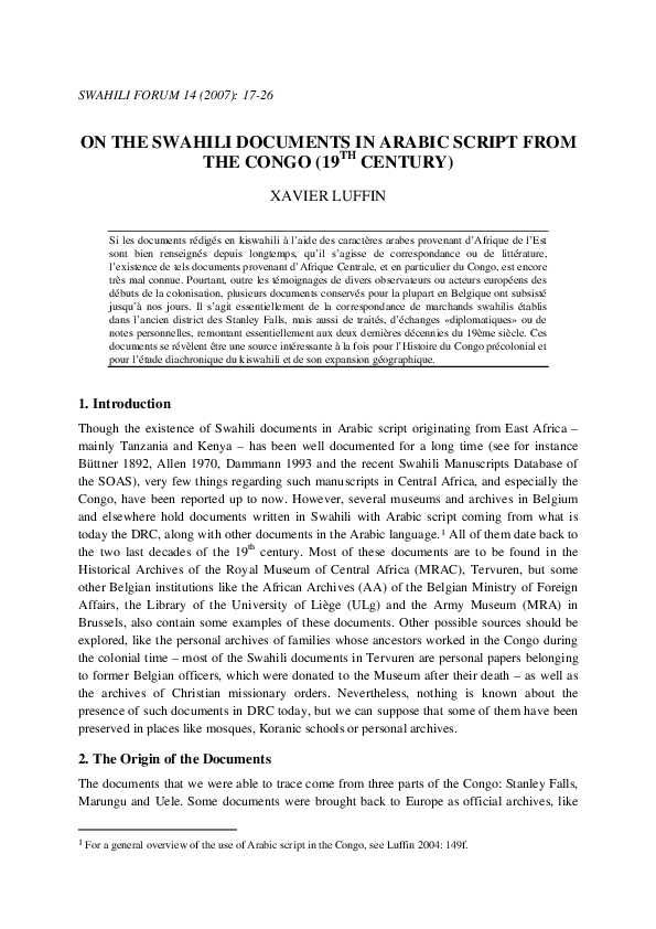 (PDF) ON THE SWAHILI DOCUMENTS IN ARABIC SCRIPT FROM THE CONGO (19TH ...