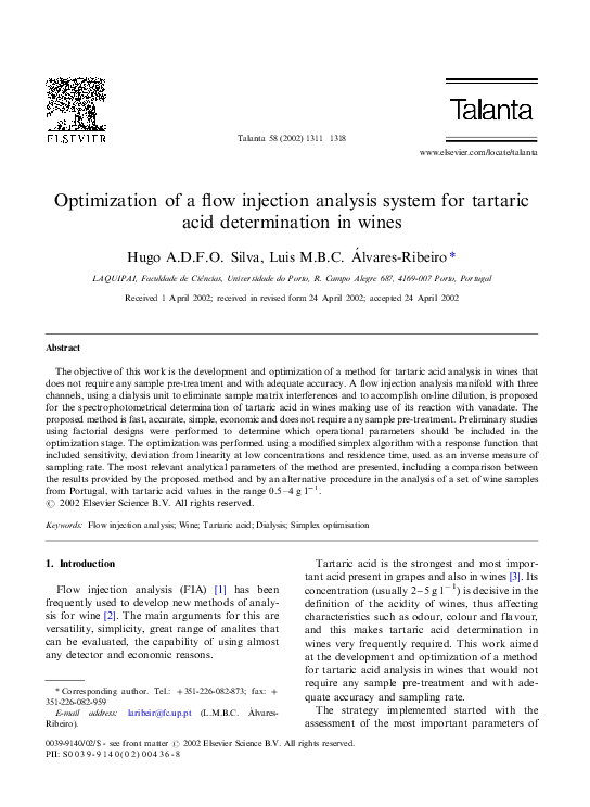 Pdf Optimization Of A Flow Injection Analysis System For Tartaric Acid Determination In Wines
