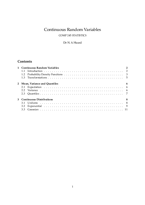 (PDF) Continuous Random Variables COMP 245 STATISTICS