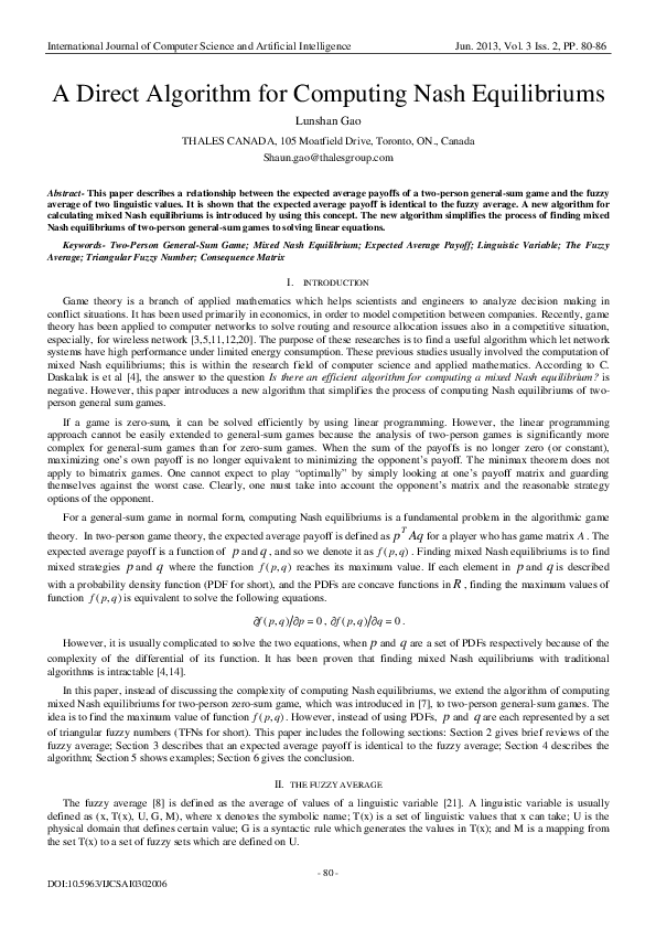 (PDF) A Direct Algorithm for Computing Nash Equilibriums