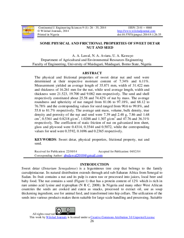 Pdf Some Physical And Frictional Properties Of Sweet Detar Nut And Seed