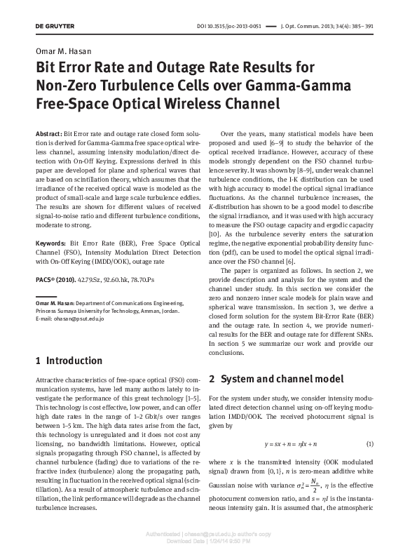 (PDF) Bit Error Rate and Outage Rate Results for Non-Zero Turbulence Cells over Gamma-Gamma Free ...
