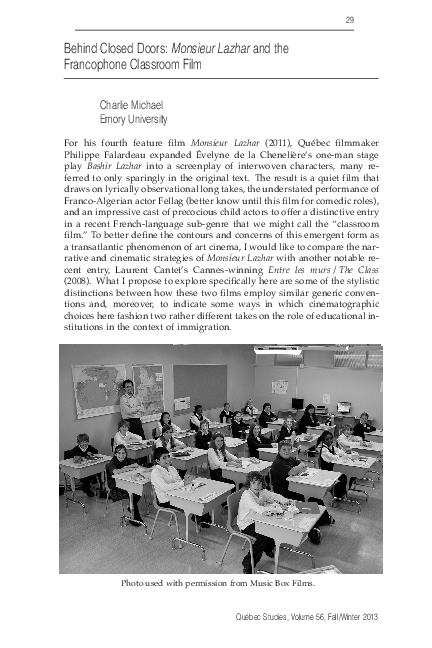 (PDF) Behind Closed Doors: Monsieur Lazhar and the Francophone ...