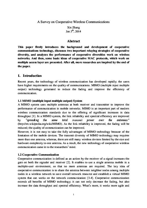 Pdf A Survey On Cooperative Wireless Communications