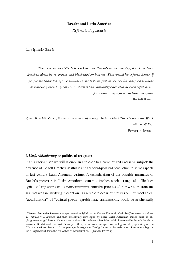 (PDF) Brecht and Latin America. Refunctioning Models