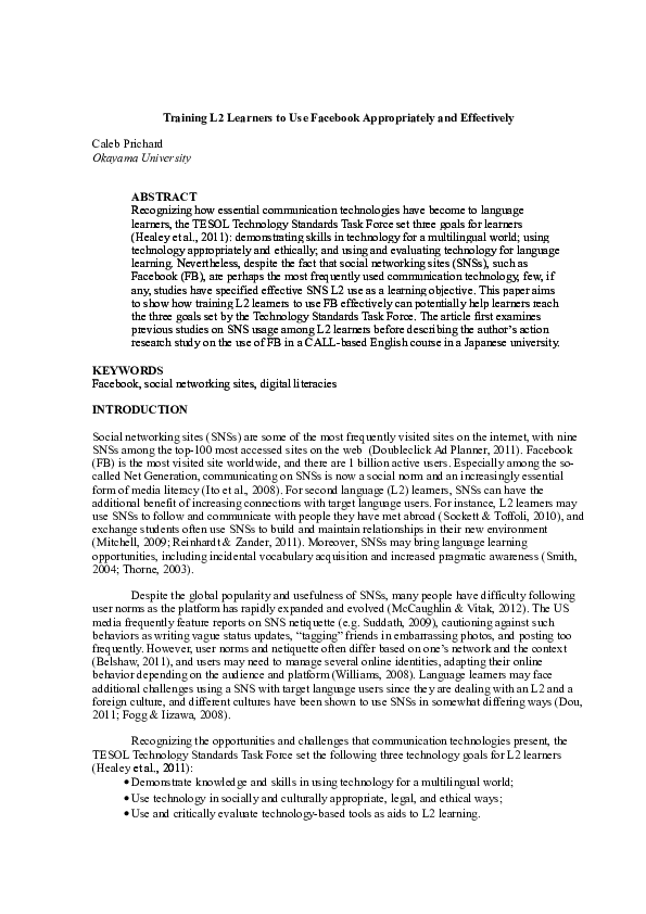 (DOC) Training L2 learners to use Facebook appropriately and effectively.