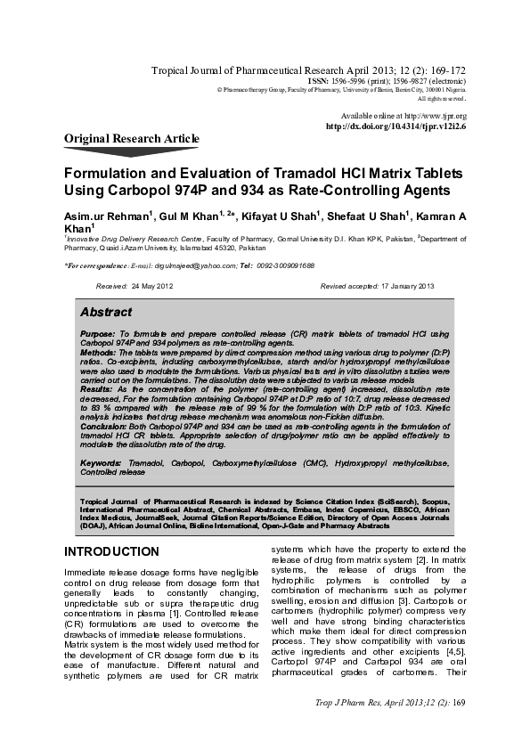 Pdf Formulation And Evaluation Of Tramadol Hcl Matrix Tablets Using Carbopol 974p And 934 As