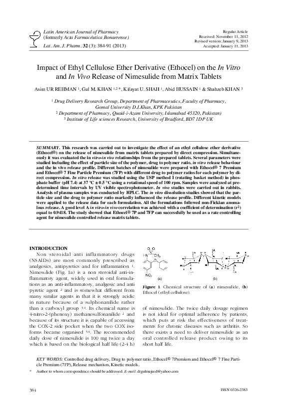 Pdf Impact Of Ethyl Cellulose Ether Derivative Ethocel On The In Vitro And In Vivo Release