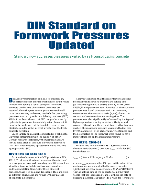 (PDF) DIN Standard on Formwork Pressures Updated