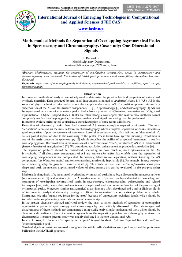 (PDF) Mathematical Methods for Separation of Overlapping Asymmetrical Peaks in Spectroscopy and ...