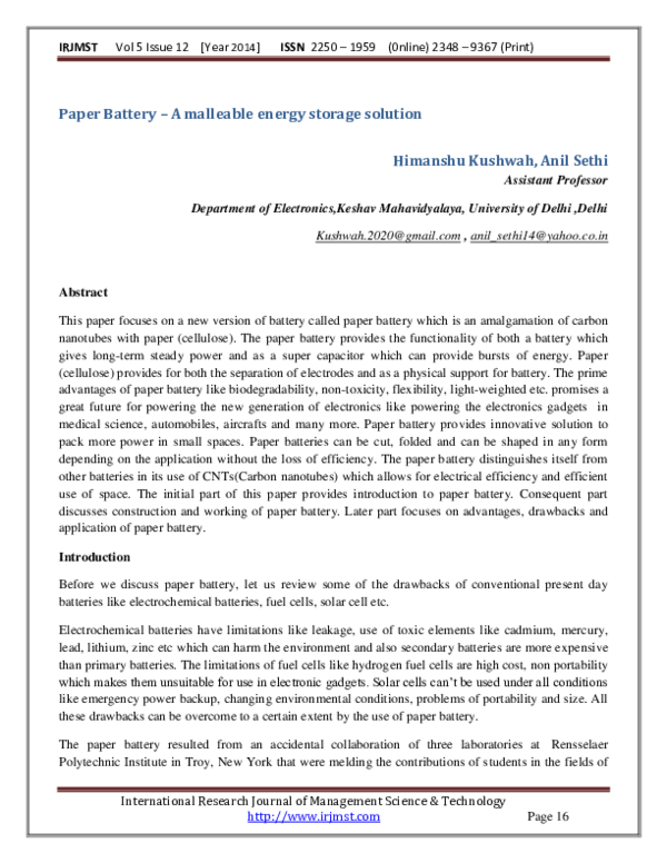 (PDF) Paper Battery – A malleable energy storage solution