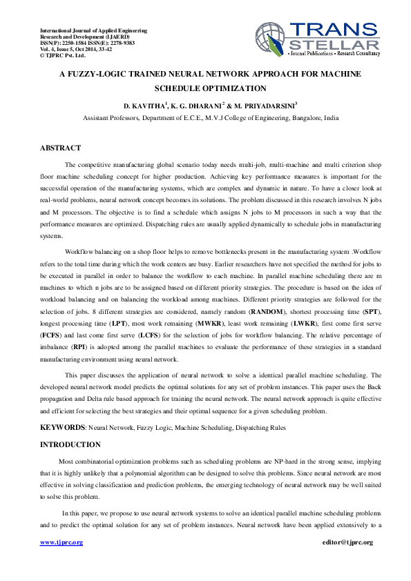 (PDF) A FUZZY-LOGIC TRAINED NEURAL NETWORK APPROACH FOR MACHINE SCHEDULE OPTIMIZATION