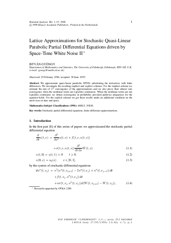 Pdf Lattice Approximations For Stochastic Quasi Linear Parabolic Partial Differential