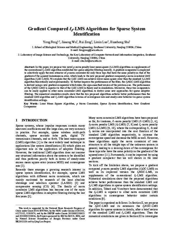 Pdf Gradient Compared Lp Lms Algorithms For Sparse System Identification