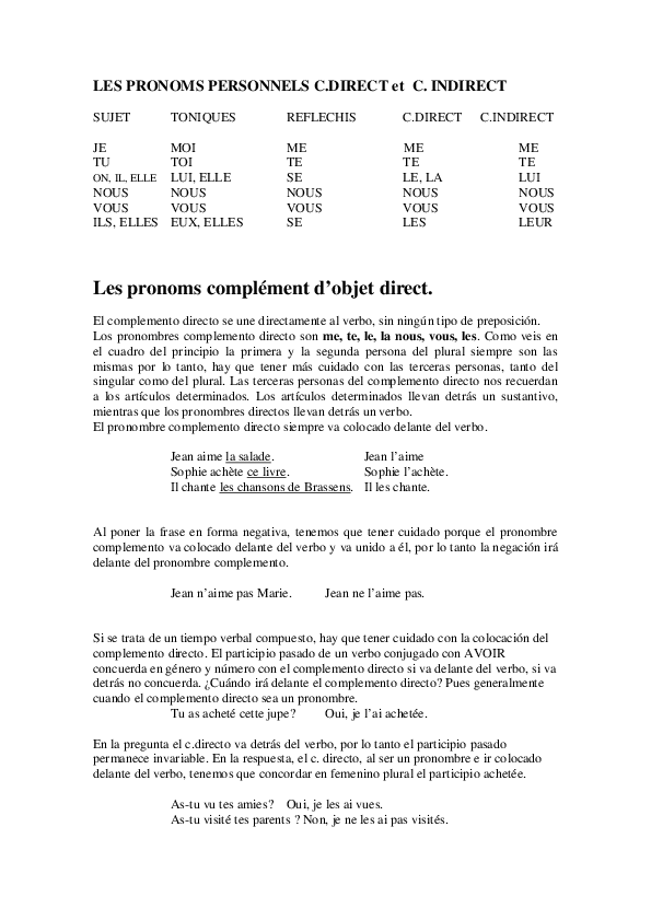 (PDF) LES PRONOMS PERSONNELS C.DIRECT et C. INDIRECT Les pronoms ...