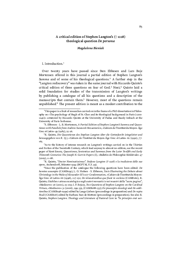 (PDF) A Critical Edition of Stephan Langton’s Question ‘De persona’