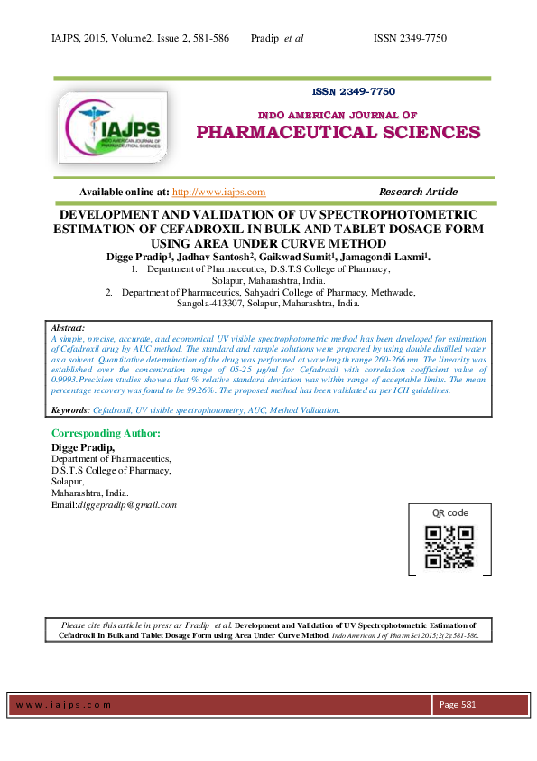 (PDF) DEVELOPMENT AND VALIDATION OF UV SPECTROPHOTOMETRIC ESTIMATION OF CEFADROXIL IN BULK AND ...