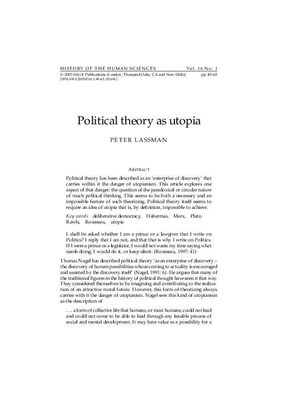(PDF) Political Theory as Utopia
