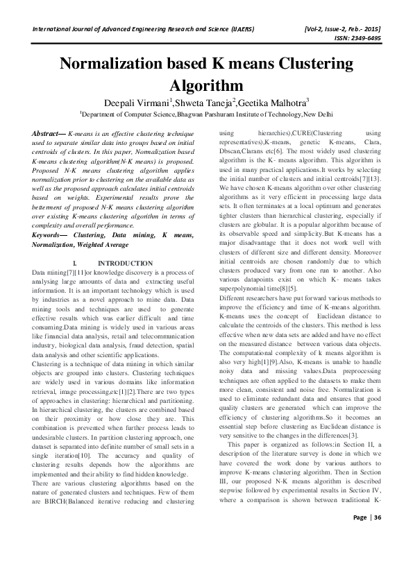 Normalization Based K Means Clustering Algorithm