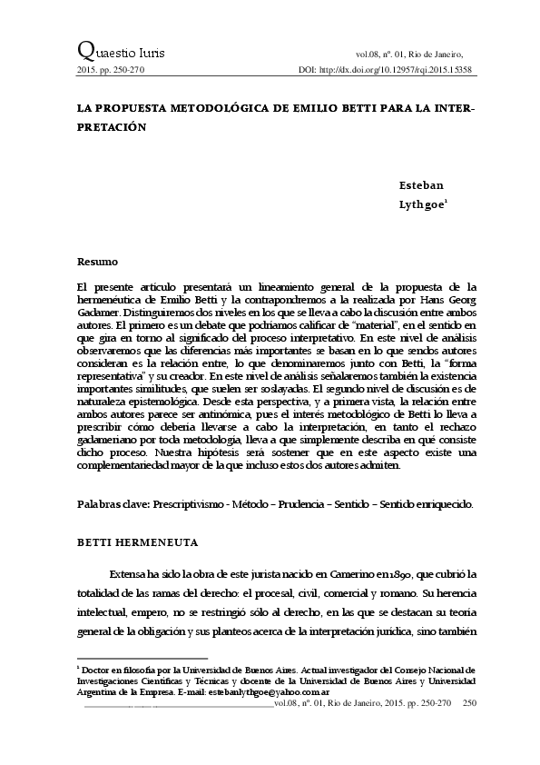(PDF) La propuesta metodológica de Emilio Betti para la interpretación