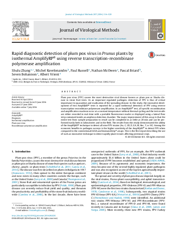 (PDF) Rapid diagnostic detection of plum pox virus in Prunus plants by isothermal AmplifyRP ...