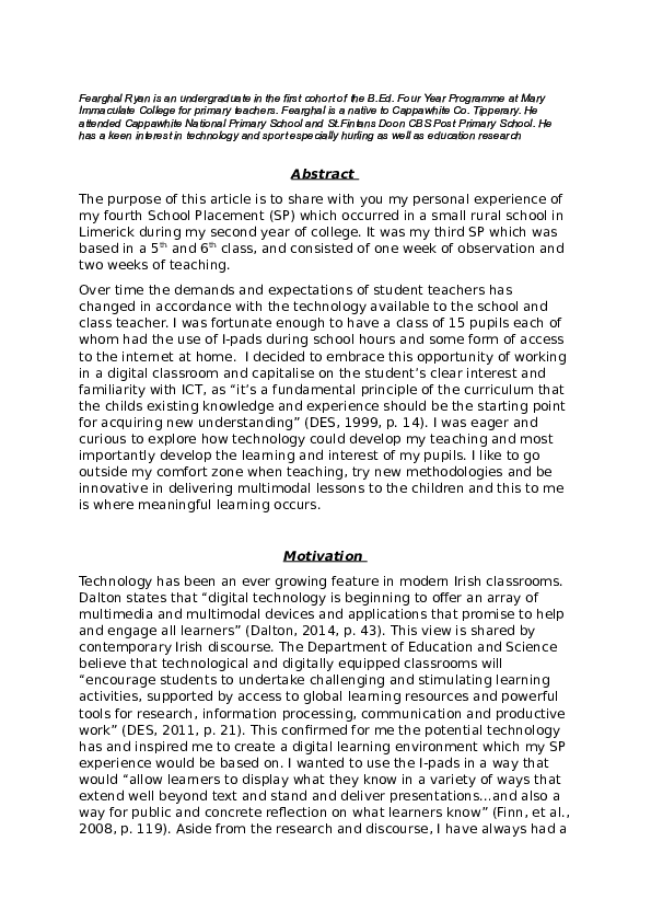 (DOC) Personal reflection on my use of ICT during school placement